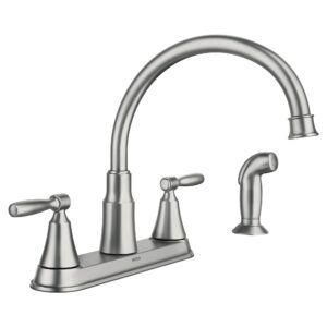 moen hutchinson spot resist stainless 2-handle high-arc kitchen faucet with side sprayer, 87048srs