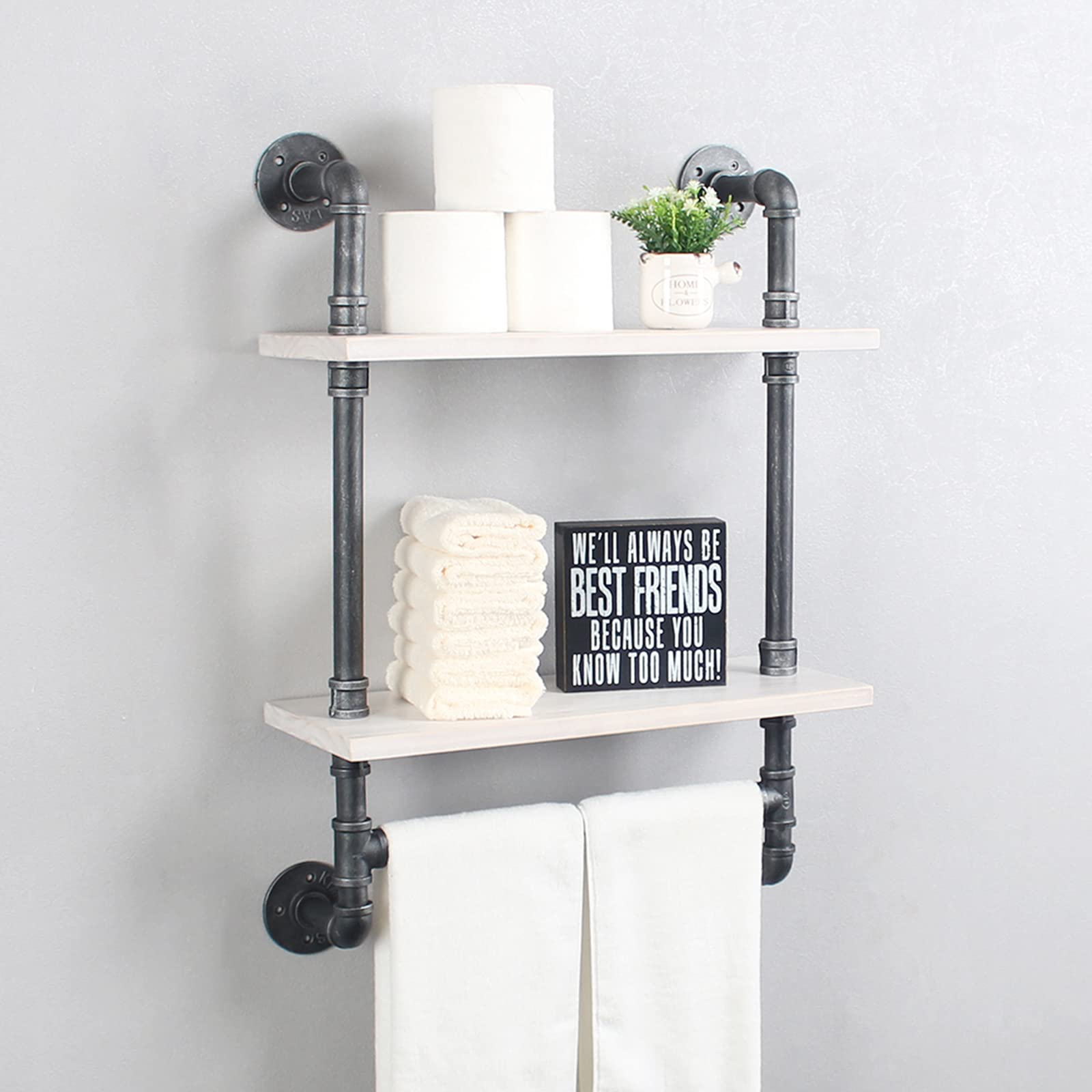 Industrial Pipe Shelf Bathroom Shelves Wall Mounted,19.6in Rustic Wood Shelf with Towel Bar,2 Tier Farmhouse Towel Rack Over Toilet,Pipe Shelving Floating Shelves Towel Holder,Retro White