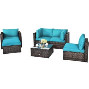 Tangkula 6 Pieces Patio Rattan Sectional Furniture Set, Outdoor Wicker Conversation Set with Glass Coffee Table Sofa Ottoman, Wicker Sofa Set with Back & Seat Cushion for Backyard Garden (Turquoise)