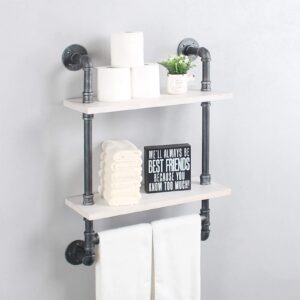 industrial pipe shelf bathroom shelves wall mounted,19.6in rustic wood shelf with towel bar,2 tier farmhouse towel rack over toilet,pipe shelving floating shelves towel holder,retro white