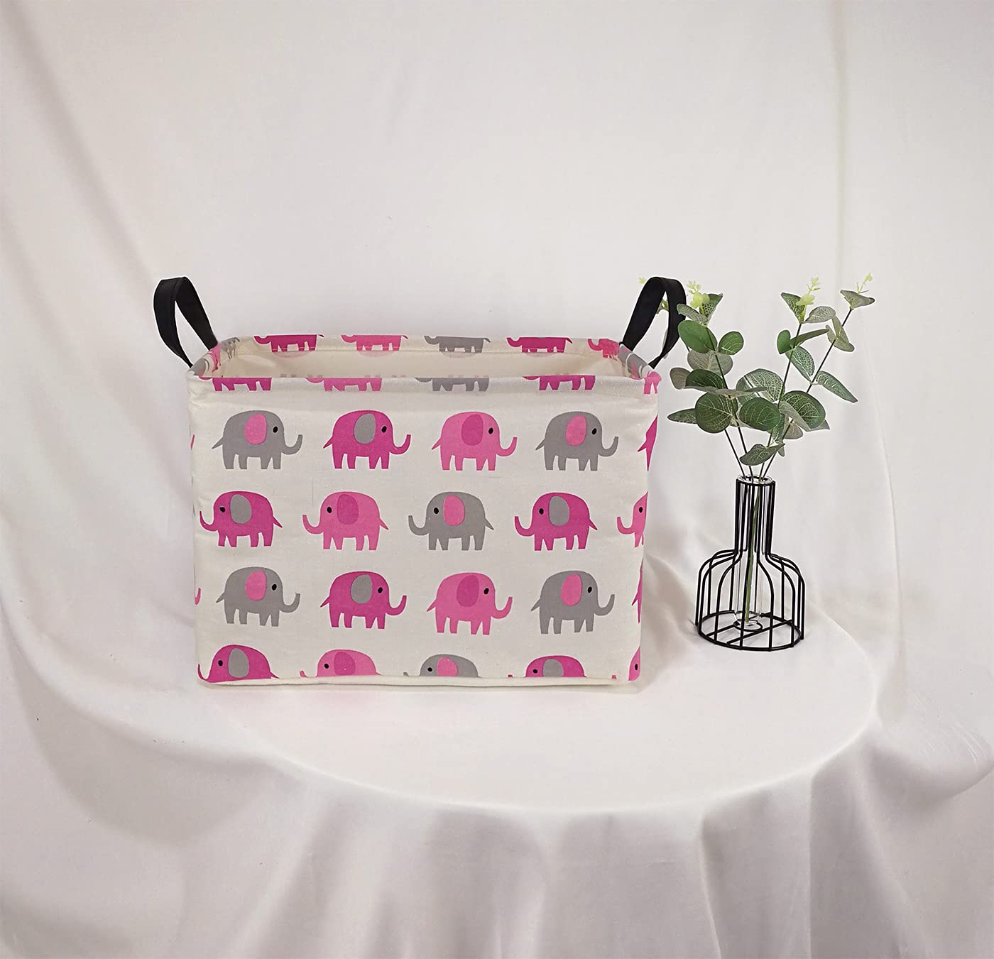 HUAYEE Elephant Print Rectangular Storage Bin Shelf Basket Canvas Fabric Toy Box,Waterproof Coating Nursery Hamper with Handles,Gift Basket for Home,Office,Clothes,Books(pink grey elephant)