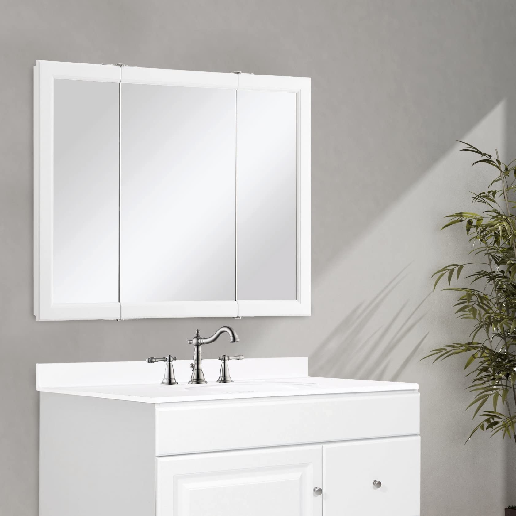 Design House 545103-WHT Wyndham Medicine Cabinet – Durable White Assembled Frame – Bathroom Wall Cabinet with Mirrored Door, 36-Inch – 4.75" X 36" X 30", White, 1 Count, Tri-View