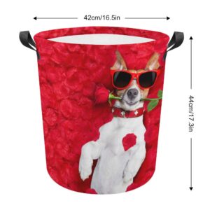 Large Laundry Basket Jack Russell Dog Red Petals Love Valentine's Day Oxford Cloth Laundry Hamper Storage with Handles Collapsible Waterproof Toy Organizer Dirty Clothes Bag for Bedroom Bathroom