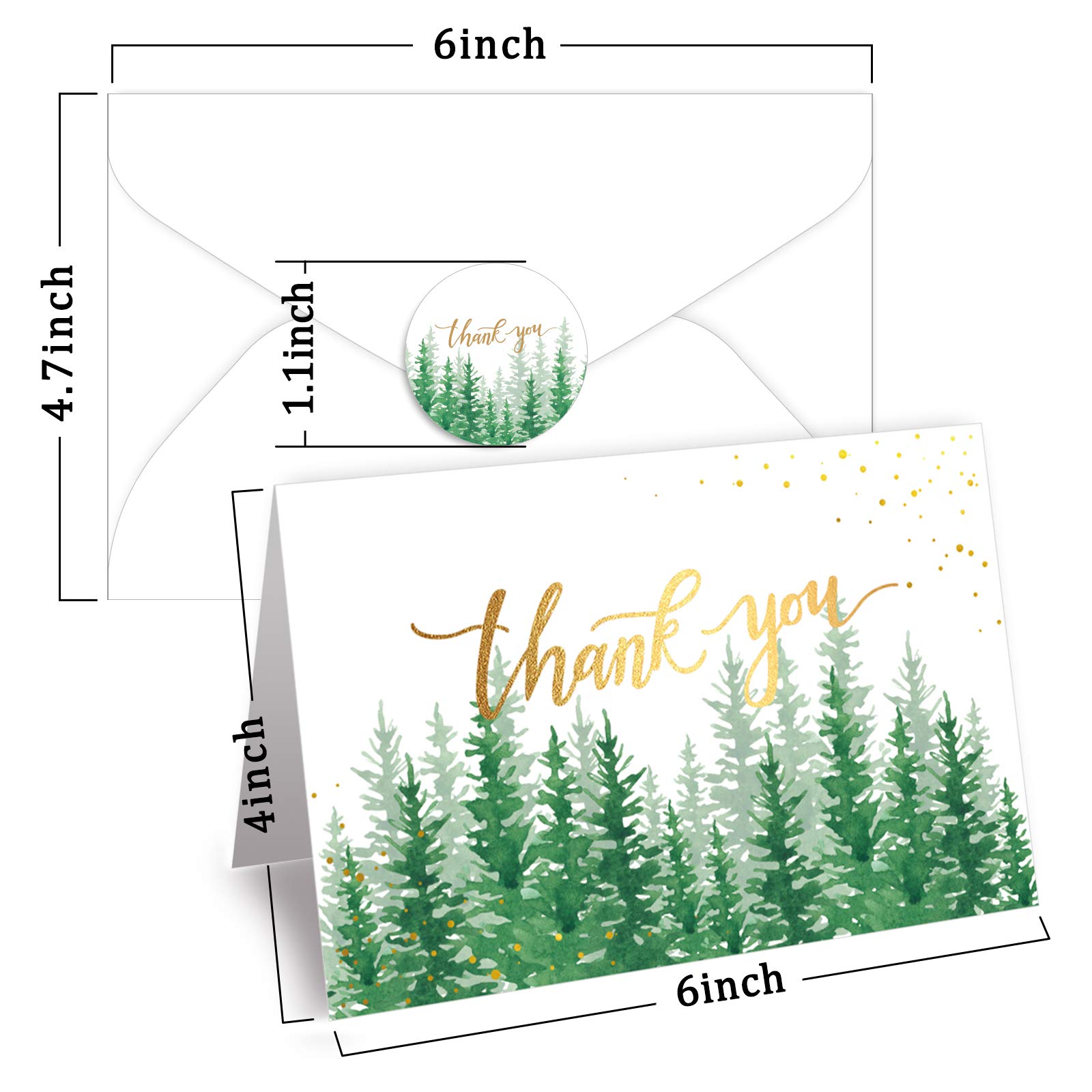 Whaline 32 Pack Christmas Forest Thank You Cards with Envelopes & Stickers Green Forest Xmas Thank You Cards Set Gold Foil Watercolor Holiday Greeting Cards for Wedding Baby Shower Birthday