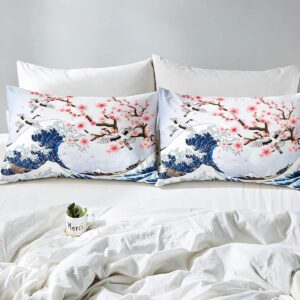 Feelyou Cherry Blossoms Bedding Set Chic Crane Duvet Cover for Kids Girls Women Ocean Wave Decor Comforter Cover Pink Japanese Ukiyoe Theme Bedspread Cover with 2 Pillowcases 3Pcs Bedding Queen