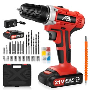 aplman cordless drill 21v with with battery electric drill kit 26pcs accessories 3/8" drill set all-metal chuck 25+1 torque setting,2 variable speed and led