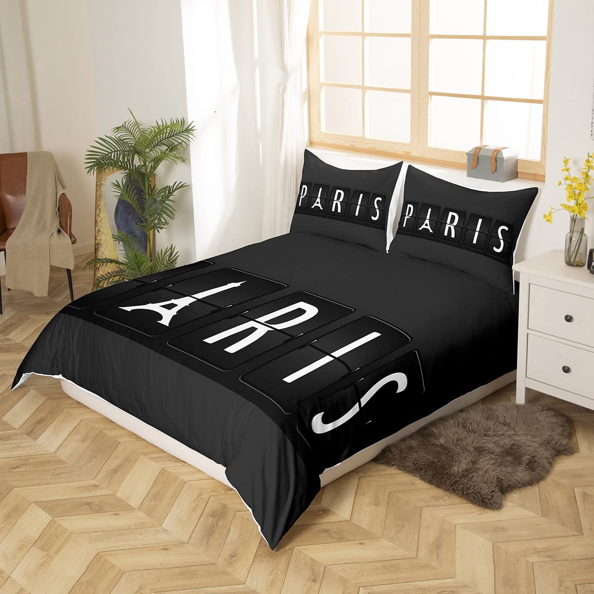 Feelyou Paris Duvet Cover Set France Eiffel Tower Bedding Set Decorative Chic Paris Theme Comforter Cover Paris Cityscape Bedspread Cover Queen Size Microfiber, No Comforter,Modern Black and White