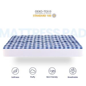 SLEEP ZONE Plaid King Size Mattress Pad Quilted Breathable Mattress Cover Overfilled Fluffy Pillow Top Down Alternative Bed Topper 8-21 inch Deep Pocket, King Blue Grid