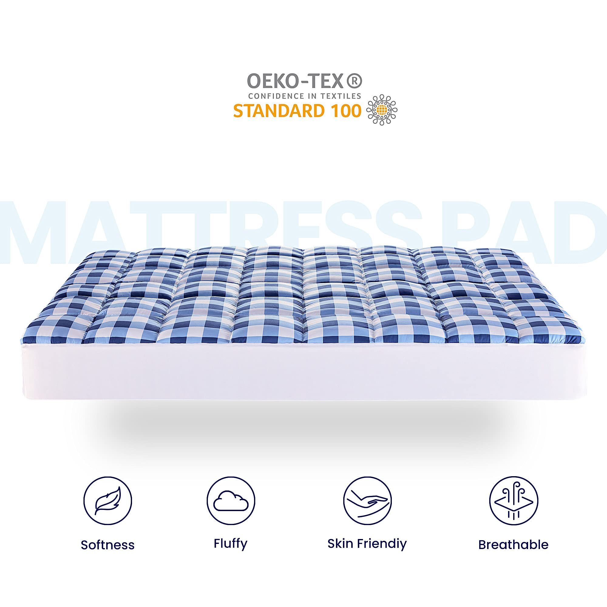 SLEEP ZONE Plaid King Size Mattress Pad Quilted Breathable Mattress Cover Overfilled Fluffy Pillow Top Down Alternative Bed Topper 8-21 inch Deep Pocket, King Blue Grid