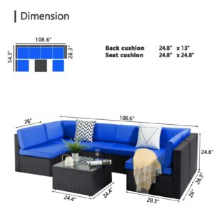 Waleaf 7 Pieces Outdoor Furniture Rattan Sectional Patio Sofa, Outdoor Indoor Backyard Porch Garden Poolside Balcony Wicker Conversation Set with Table (Dark Blue)