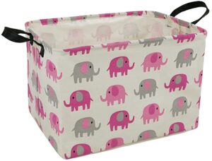 huayee elephant print rectangular storage bin shelf basket canvas fabric toy box,waterproof coating nursery hamper with handles,gift basket for home,office,clothes,books(pink grey elephant)