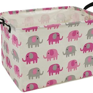 HUAYEE Elephant Print Rectangular Storage Bin Shelf Basket Canvas Fabric Toy Box,Waterproof Coating Nursery Hamper with Handles,Gift Basket for Home,Office,Clothes,Books(pink grey elephant)