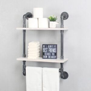 Industrial Pipe Shelf Bathroom Shelves Wall Mounted,19.6in Rustic Wood Shelf with Towel Bar,2 Tier Farmhouse Towel Rack Over Toilet,Pipe Shelving Floating Shelves Towel Holder,Retro White