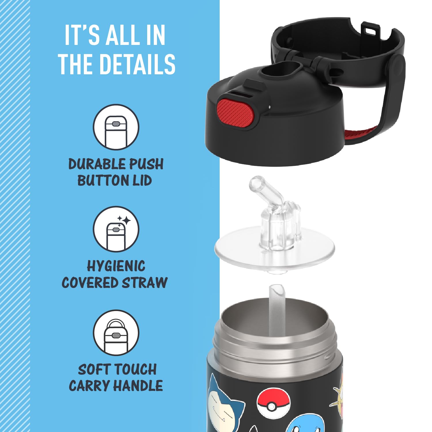 THERMOS FUNTAINER Water Bottle with Straw - 12 Ounce, Pokémon - Kids Stainless Steel Vacuum Insulated Water Bottle with Lid