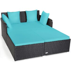 tangkula outdoor rattan daybed, sunbed wicker furniture w/spacious seat, upholstered cushion & high-resilience sponge, wicker patio sofa set w/extra pillows for courtyard poolside(turquoise)