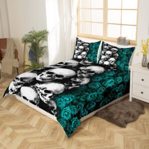 Erosebridal Sugar Skull Bedding Set Teal Floral Comforter Cover Gothic Skull Hipster Duvet Cover Set for Kids Teen Boys Girls Skeleton Bones Blossoms Bedclothes 3Pcs King Size Fashion Bedroom Decor