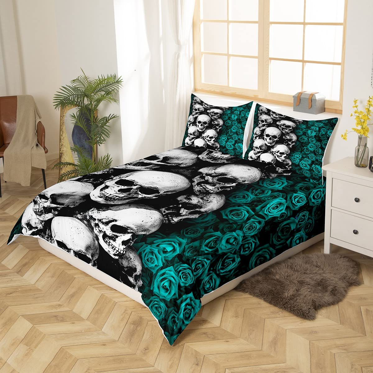 Erosebridal Sugar Skull Bedding Set Teal Floral Comforter Cover Gothic Skull Hipster Duvet Cover Set for Kids Teen Boys Girls Skeleton Bones Blossoms Bedclothes 3Pcs King Size Fashion Bedroom Decor