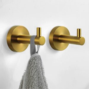 hitslam gold towel hooks for bathroom wall mounted, brushed brass wall mount hooks heavy duty premium sus 304 stainless steel rustproof 2 pack