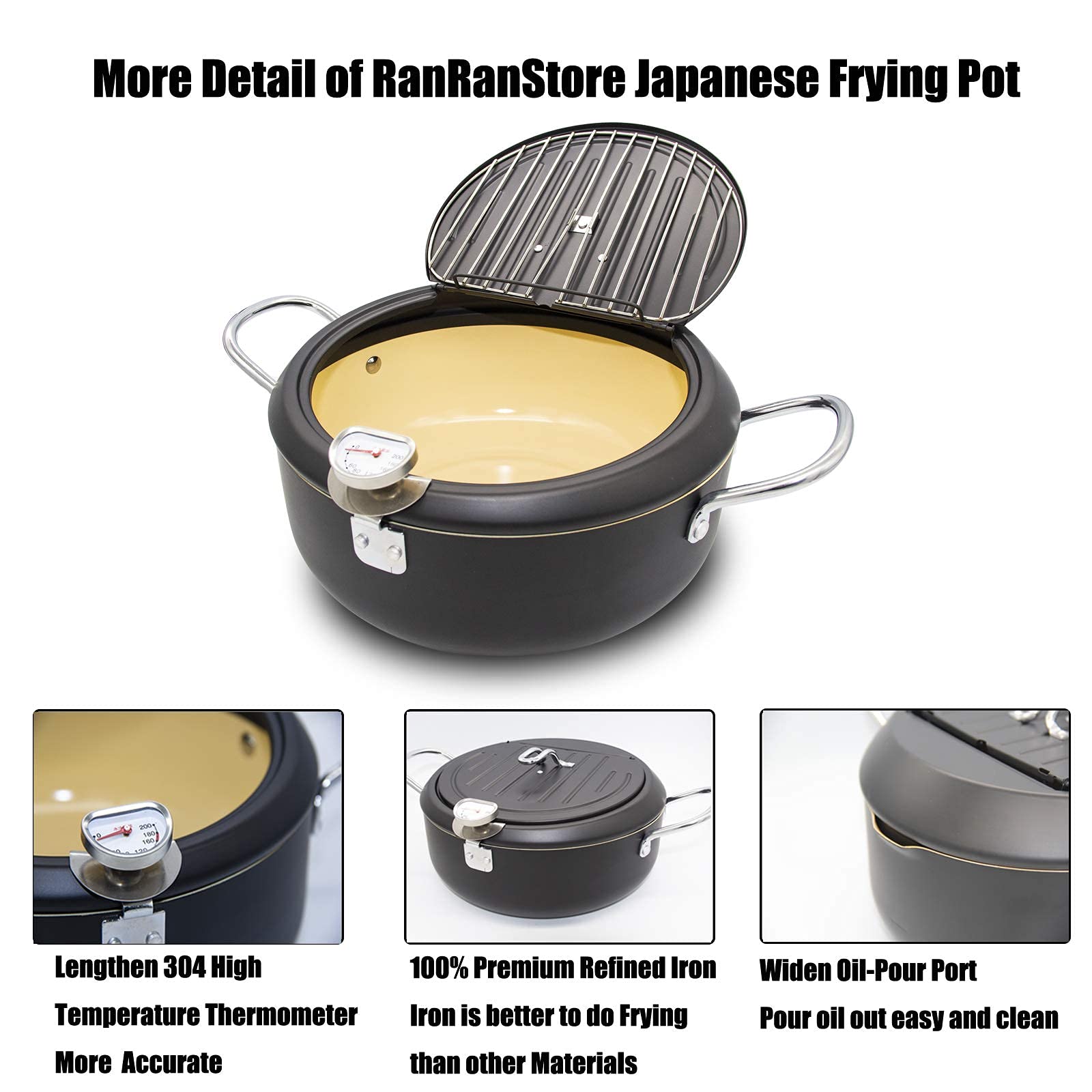 Cyrder Japanese Deep Fryer Pot with Fahrenheit Thermometer 3.5L- Nonstick Coating Fryer, Fried Tempura/Chicken/Fish/Shrimp/Meat Ball, Black 10inch