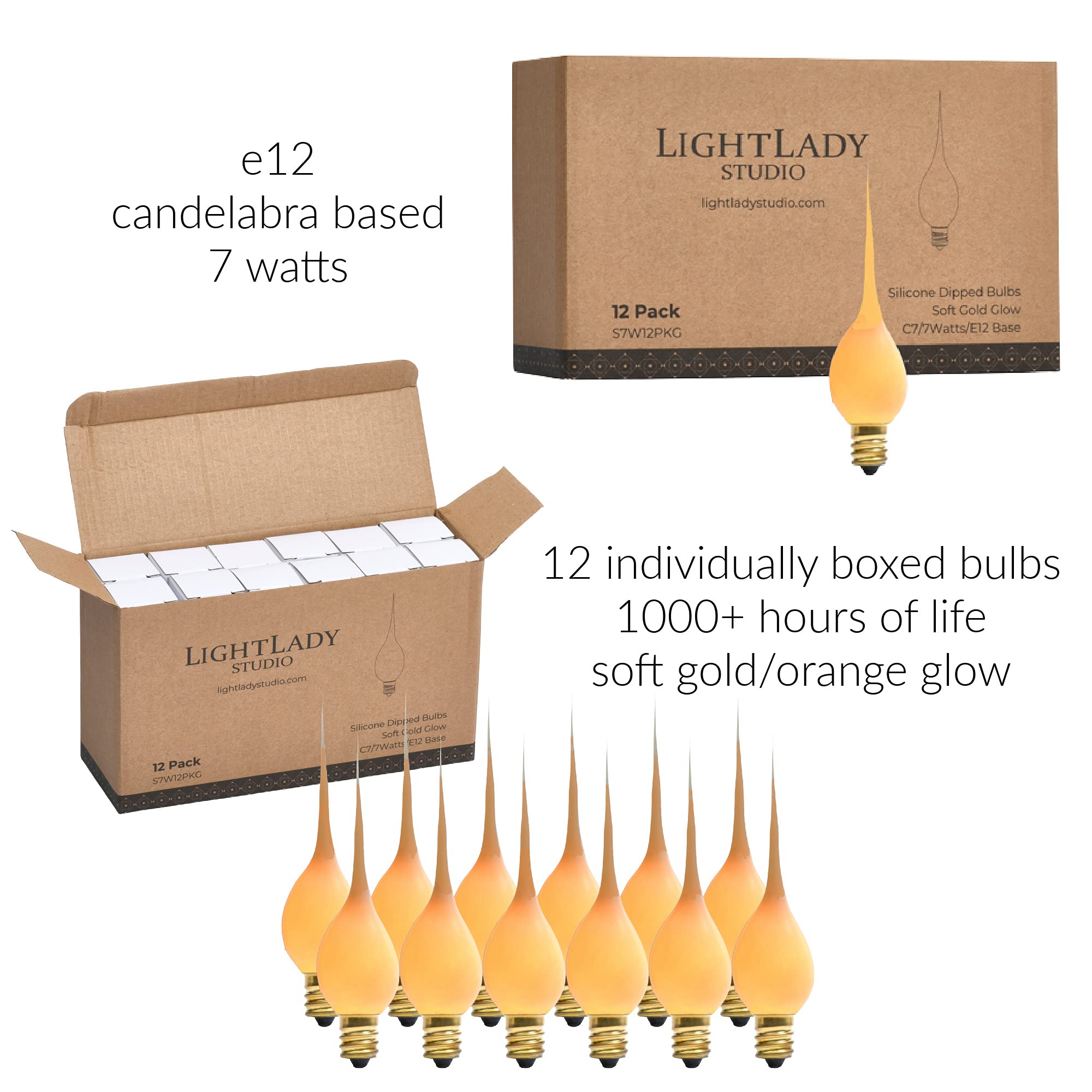 LightLady Studio, Silicone Decorative Light Bulb, Gold Orange, 12 Pk, 7 Watts, Low Watt Candelabra Light Bulbs, Amber Silicone Light Bulbs, Dipped, Night Light Bulb