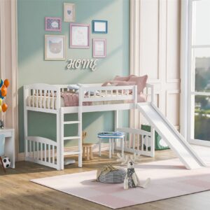 harper & bright designs kids low loft bed with slide, twin loft beds for kids, wood loft bed frame with ladder for boys and girls, no box spring needed, white