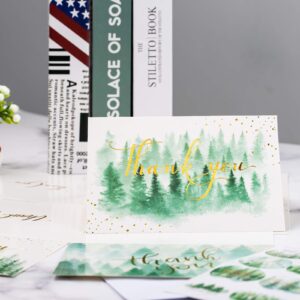 Whaline 32 Pack Christmas Forest Thank You Cards with Envelopes & Stickers Green Forest Xmas Thank You Cards Set Gold Foil Watercolor Holiday Greeting Cards for Wedding Baby Shower Birthday