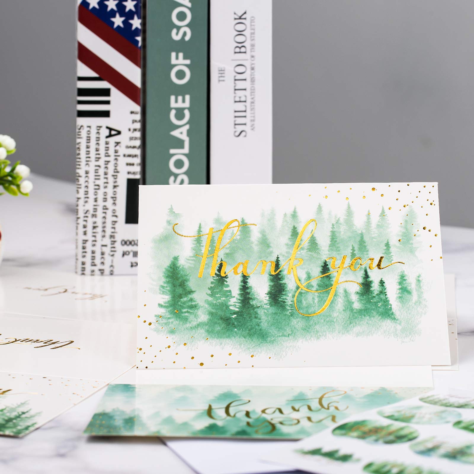 Whaline 32 Pack Christmas Forest Thank You Cards with Envelopes & Stickers Green Forest Xmas Thank You Cards Set Gold Foil Watercolor Holiday Greeting Cards for Wedding Baby Shower Birthday