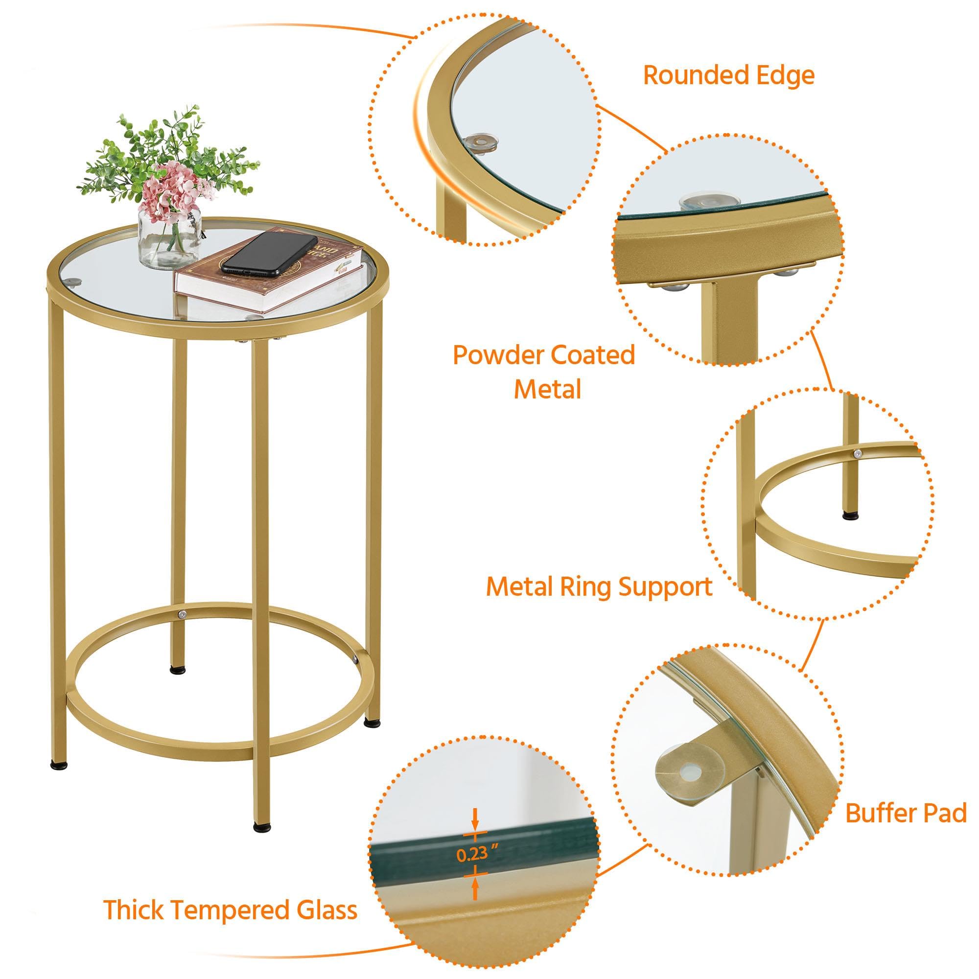 Yaheetech Gold Side Table Set of 2, Round End Tables Tall Nightstand Bedside Table Set w/Glass Top & Metal Frame for Living Room/Balcony/Bedroom/Small Space, Easy Assembly, Modern Style, Mustard Gold