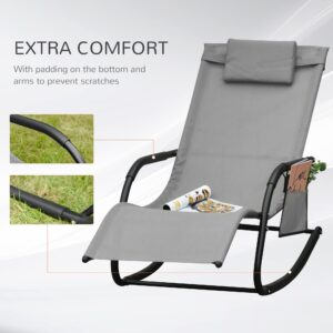 Outsunny Outdoor Rocking Chair, Chaise Lounge Pool Chair for Sun Tanning, Sunbathing, a Rocker with Side Pocket, Armrests & Pillow for Patio, Lawn, Beach, Gray