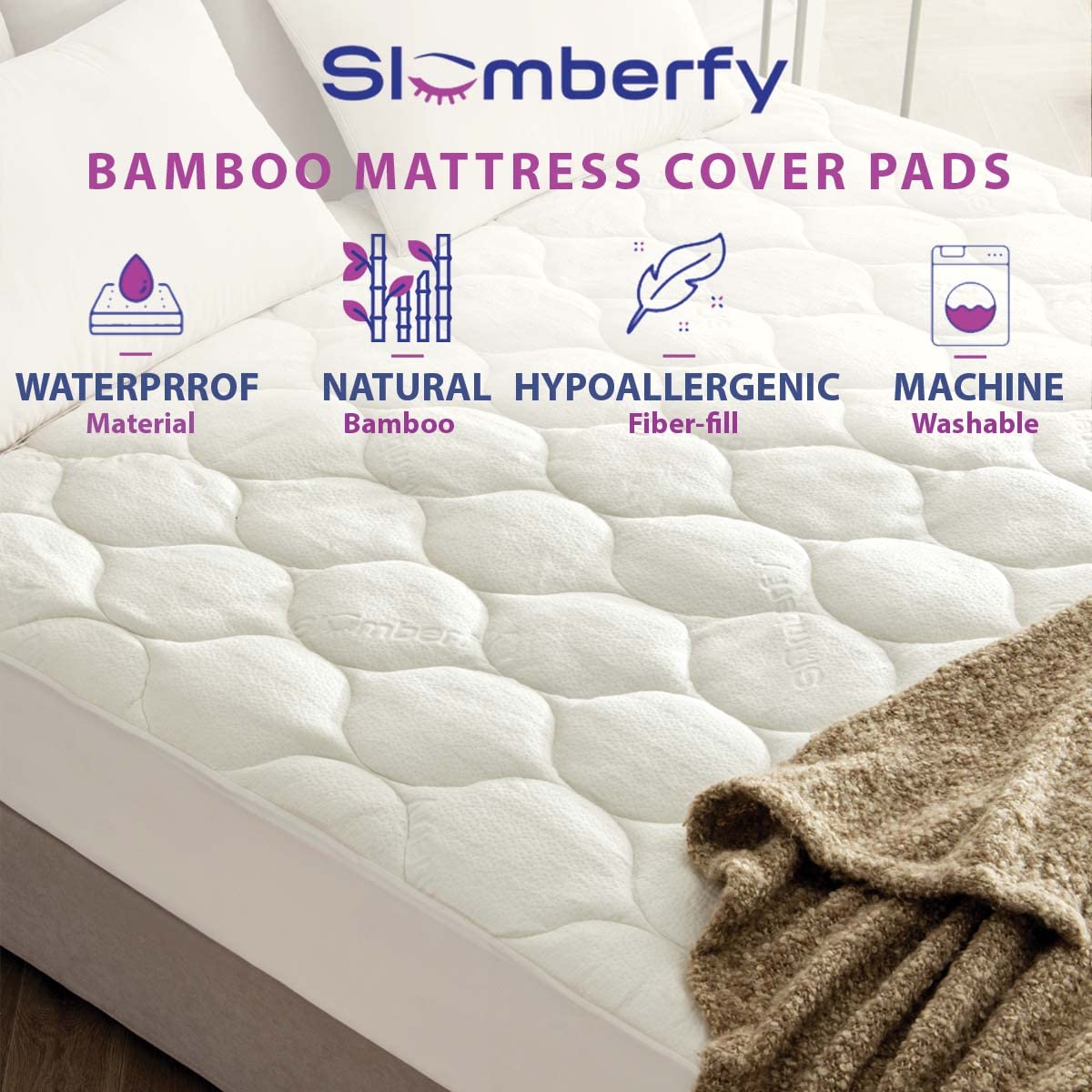 Queen Size Waterproof Premium Mattress Pad by Slumberfy – Quilted Fitted Bamboo Mattress Protector - All Natural & Breathable Fabric, Cooling Mattress Topper (60x80 in)