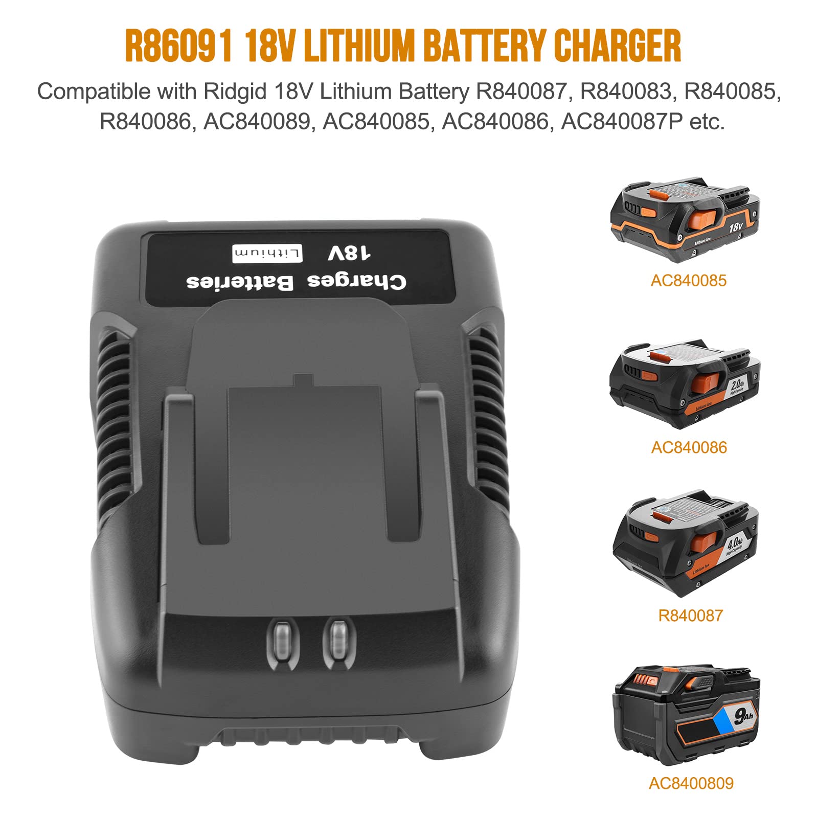 ADVTRONICS 18V R86092 Fast Charger for RIDGID 18V Battery R840083 R840085 R840086 R840087 AC840085 AC840086 AC840087P AC840089