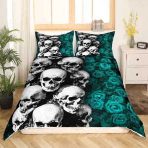 Erosebridal Sugar Skull Bedding Set Teal Floral Comforter Cover Gothic Skull Hipster Duvet Cover Set for Kids Teen Boys Girls Skeleton Bones Blossoms Bedclothes 3Pcs King Size Fashion Bedroom Decor