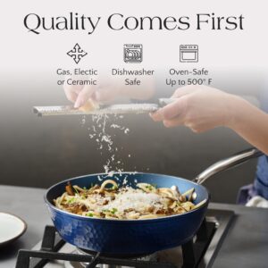 Orgreenic Luxurious Non-Stick Ceramic 12 Inch Blue Hammered Pan with Lid, Lightweight, Scratch-Resistant, Dishwasher Safe, Oven Safe up to 500°F