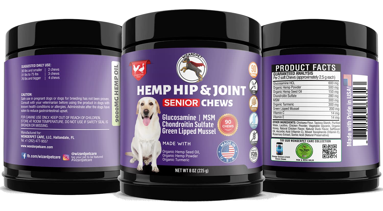 WIZARDPET Mobility Hemp Oil Hip & Joint Supplement for Senior Dogs - Chondroitin Glucosamine MSM Turmeric Green Lipped Mussel - Extra Strength Formula for Arthritis Pain Relief & Mobility | 90 Chews