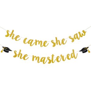 gold she came she saw she mastered banner she mastered it banner, masters degree graduation decorations mastered it graduation banner for mastered it graduation decorations 2024