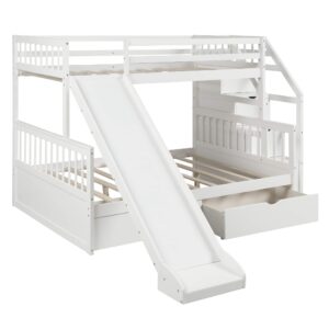 GAOWEI Twin Over Full Bunk Bed with Drawers, Storage and Slide, Multifunction Wood Loft Bed for Kids, Adults (White)