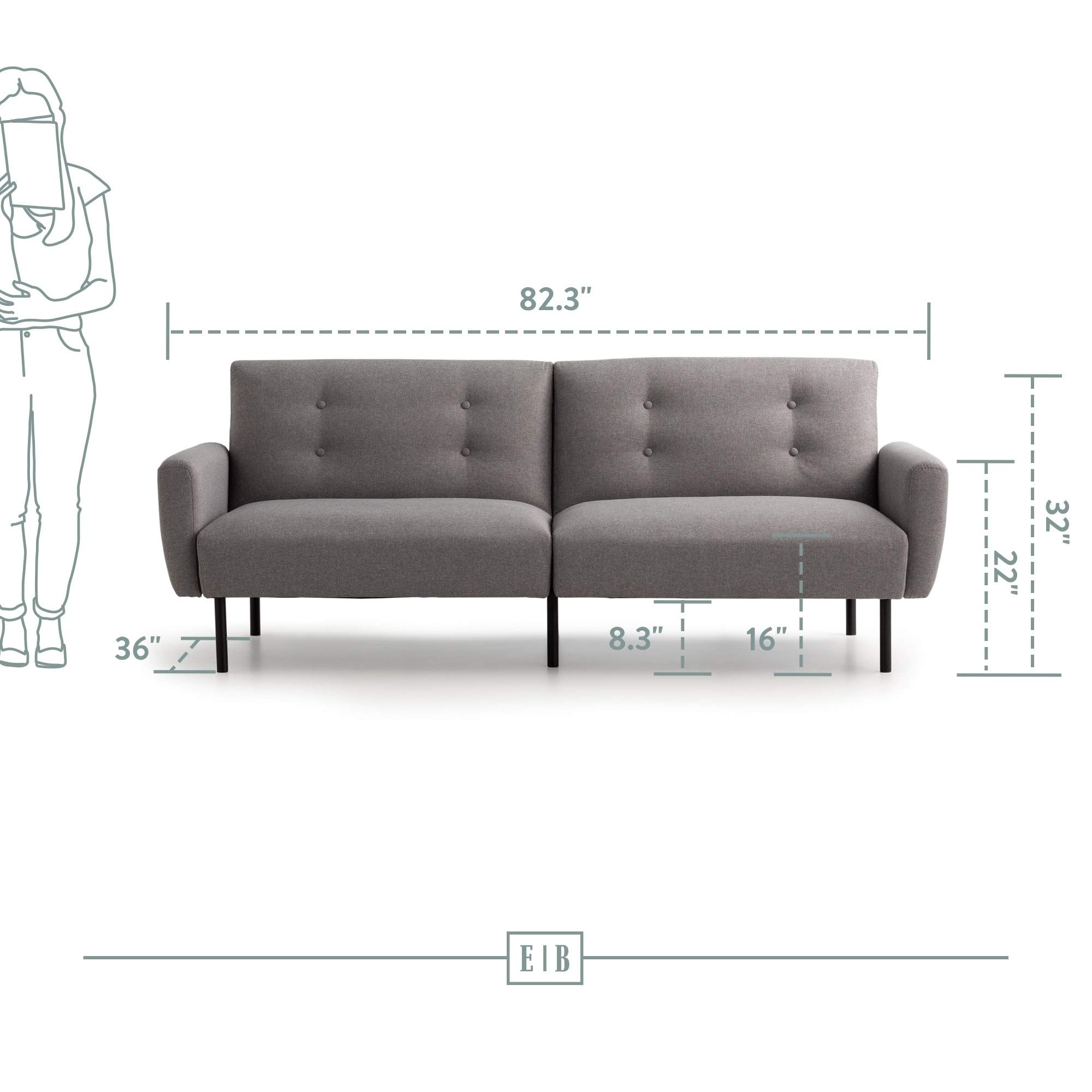 Edenbrook Gilman Futon - Futon Sofa Bed - Futon Couch - Small Futon - Living Room Furniture - Armed Sofa Bed Couch - Sleeper Sofa – Gray Linen Futon