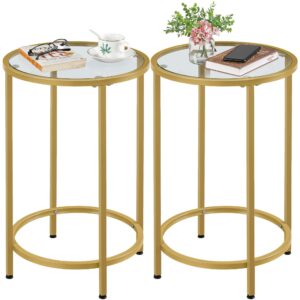 yaheetech gold side table set of 2, round end tables tall nightstand bedside table set w/glass top & metal frame for living room/balcony/bedroom/small space, easy assembly, modern style, mustard gold