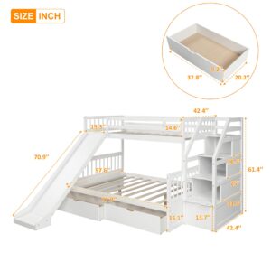 GAOWEI Twin Over Full Bunk Bed with Drawers, Storage and Slide, Multifunction Wood Loft Bed for Kids, Adults (White)