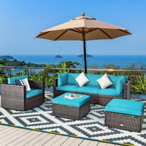 Tangkula 6 Pieces Patio Rattan Sectional Furniture Set, Outdoor Wicker Conversation Set with Glass Coffee Table Sofa Ottoman, Wicker Sofa Set with Back & Seat Cushion for Backyard Garden (Turquoise)