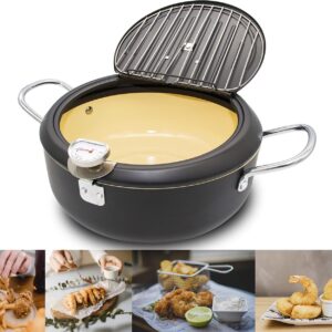 Cyrder Japanese Deep Fryer Pot with Fahrenheit Thermometer 3.5L- Nonstick Coating Fryer, Fried Tempura/Chicken/Fish/Shrimp/Meat Ball, Black 10inch