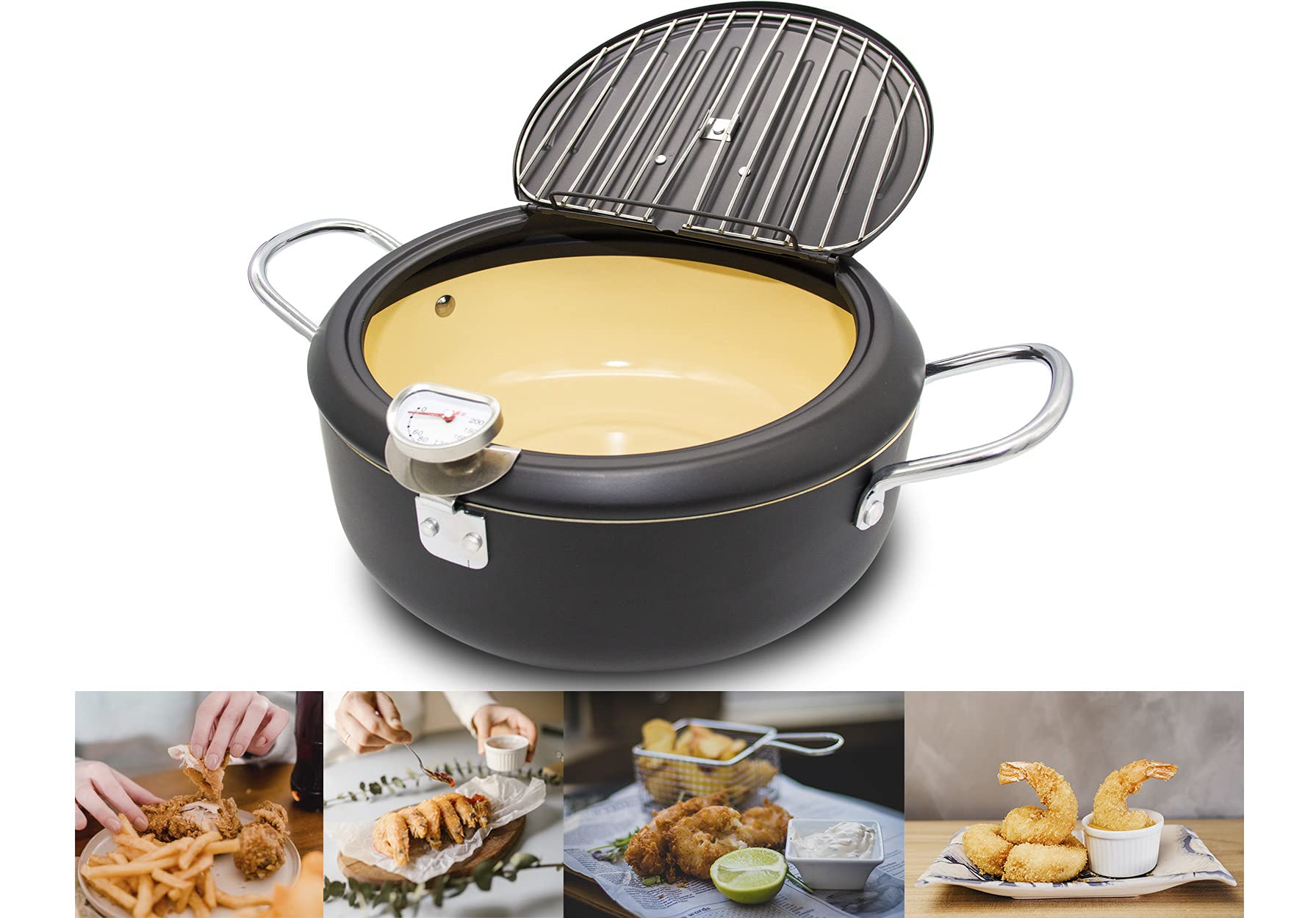 Cyrder Japanese Deep Fryer Pot with Fahrenheit Thermometer 3.5L- Nonstick Coating Fryer, Fried Tempura/Chicken/Fish/Shrimp/Meat Ball, Black 10inch