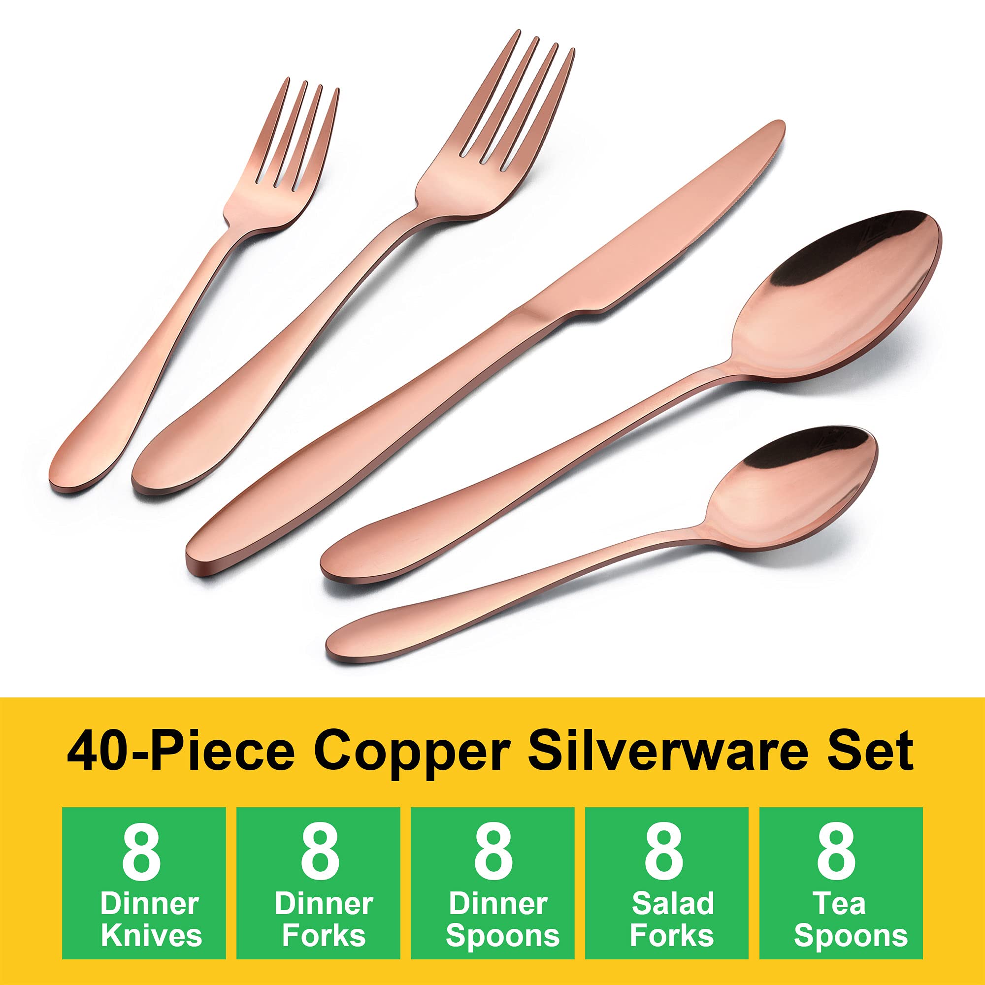 LIANYU 40-Piece Copper Silverware Set for 8, Stainless Steel Flatware Cutlery Set, Tableware Eating Utensils Include Forks Knives Spoons, Mirror Polished, Dishwasher Safe