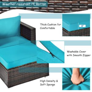 Tangkula 6 Pieces Patio Rattan Sectional Furniture Set, Outdoor Wicker Conversation Set with Glass Coffee Table Sofa Ottoman, Wicker Sofa Set with Back & Seat Cushion for Backyard Garden (Turquoise)