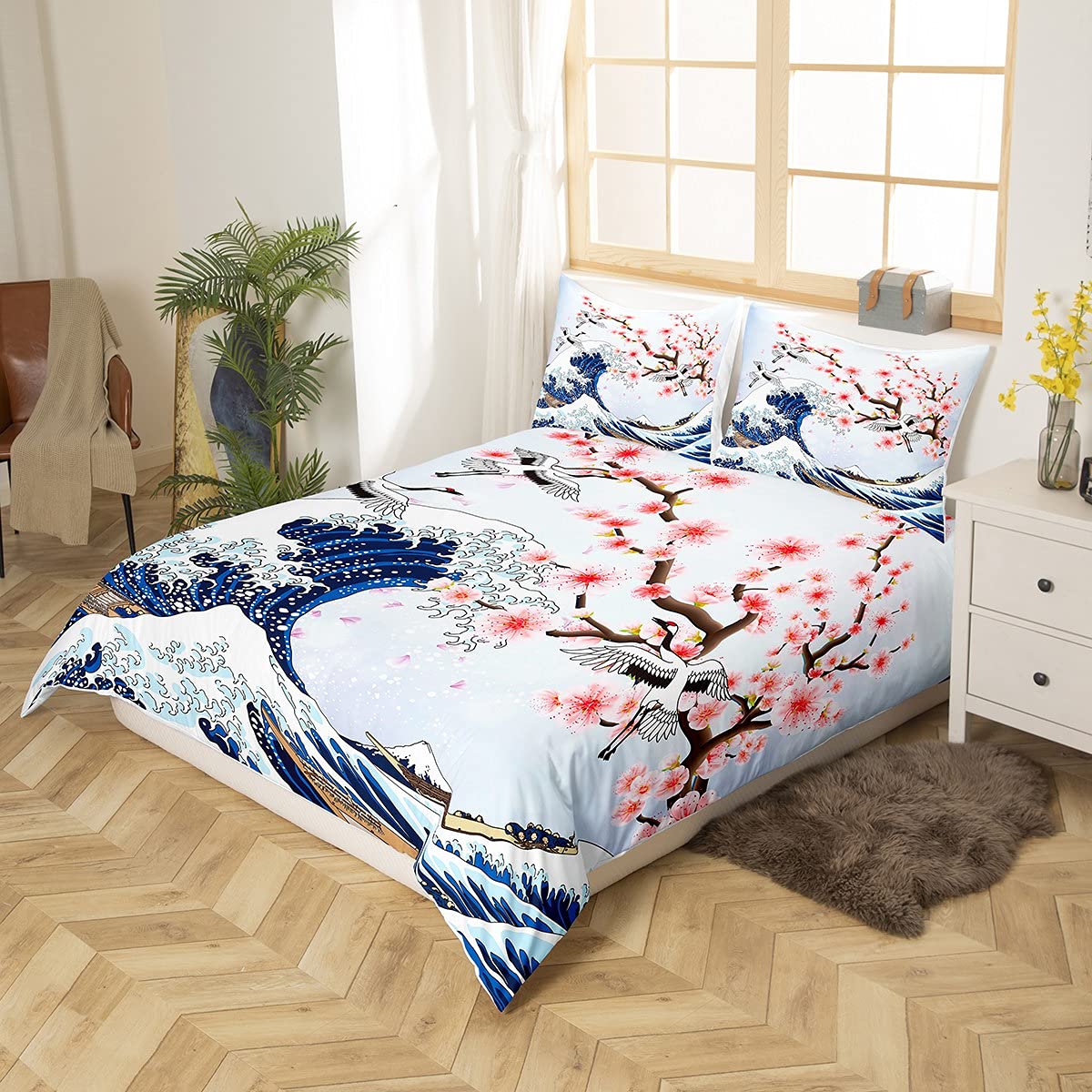 Feelyou Cherry Blossoms Bedding Set Chic Crane Duvet Cover for Kids Girls Women Ocean Wave Decor Comforter Cover Pink Japanese Ukiyoe Theme Bedspread Cover with 2 Pillowcases 3Pcs Bedding Queen