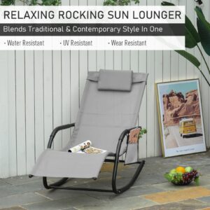 Outsunny Outdoor Rocking Chair, Chaise Lounge Pool Chair for Sun Tanning, Sunbathing, a Rocker with Side Pocket, Armrests & Pillow for Patio, Lawn, Beach, Gray