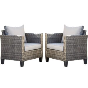 ovios patio chairs outdoor furniture 2 pieces rattan wicker chairs all weather patio dining chairs single chairs for yard deck porch, grey wicker, grey cushion