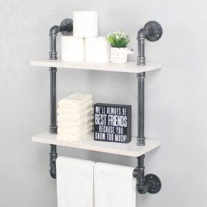 Industrial Pipe Shelf Bathroom Shelves Wall Mounted,19.6in Rustic Wood Shelf with Towel Bar,2 Tier Farmhouse Towel Rack Over Toilet,Pipe Shelving Floating Shelves Towel Holder,Retro White