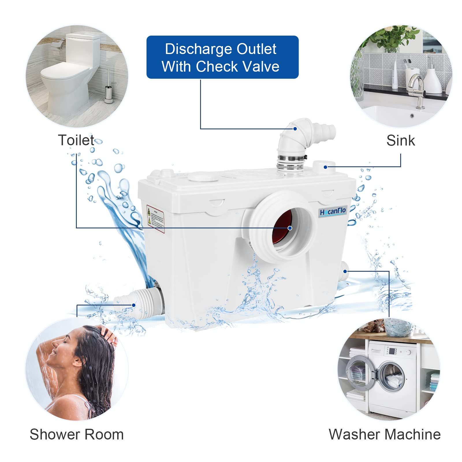 500W Macerating Toilet,Upflush Toilet for Basement Toilet System, Upflush Toilet With Powerful & Quiet Macerator Pump with 4 Water Inltes for Kitchen Sink, Bathroom, Laundry