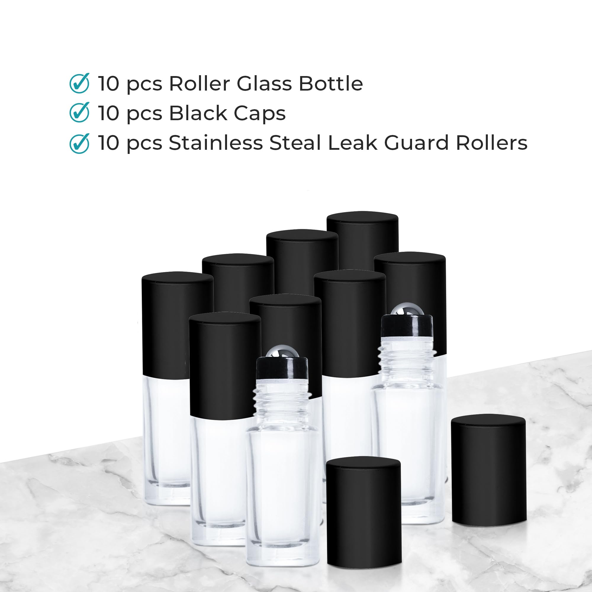 Your Oil Tools 10 Pack Essential Oil Roller Bottles, 5ml Empty Clear Glass Roll-on with Leak Guard Stainless Steel Roller Balls & Black Caps for oils and perfume